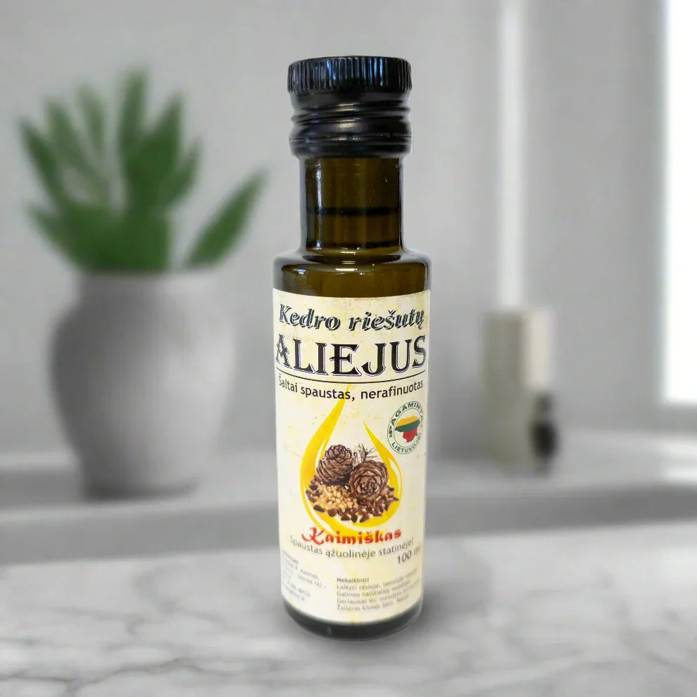 Kedro riešutų šalto spaudimo aliejus 100g🍃 – Šauniausia kaimynystė